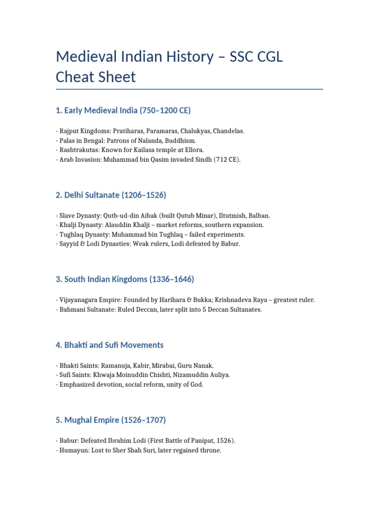 SSC CGL Medieval Indian History Cheat Sheet | PDF