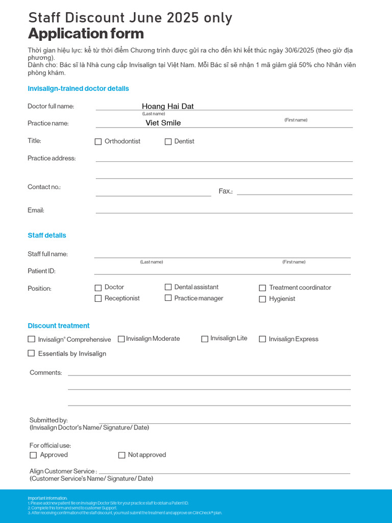 Invisalign Staff Discount Application 2025 | PDF