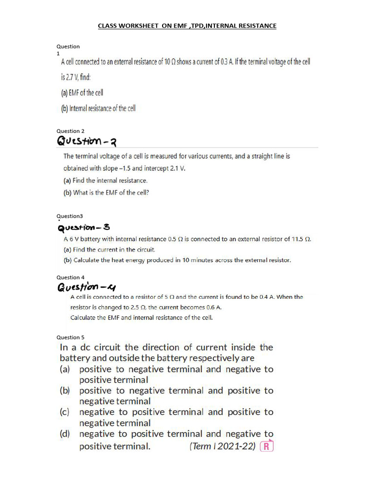 Work Sheet On Emf TPD and Ir | PDF