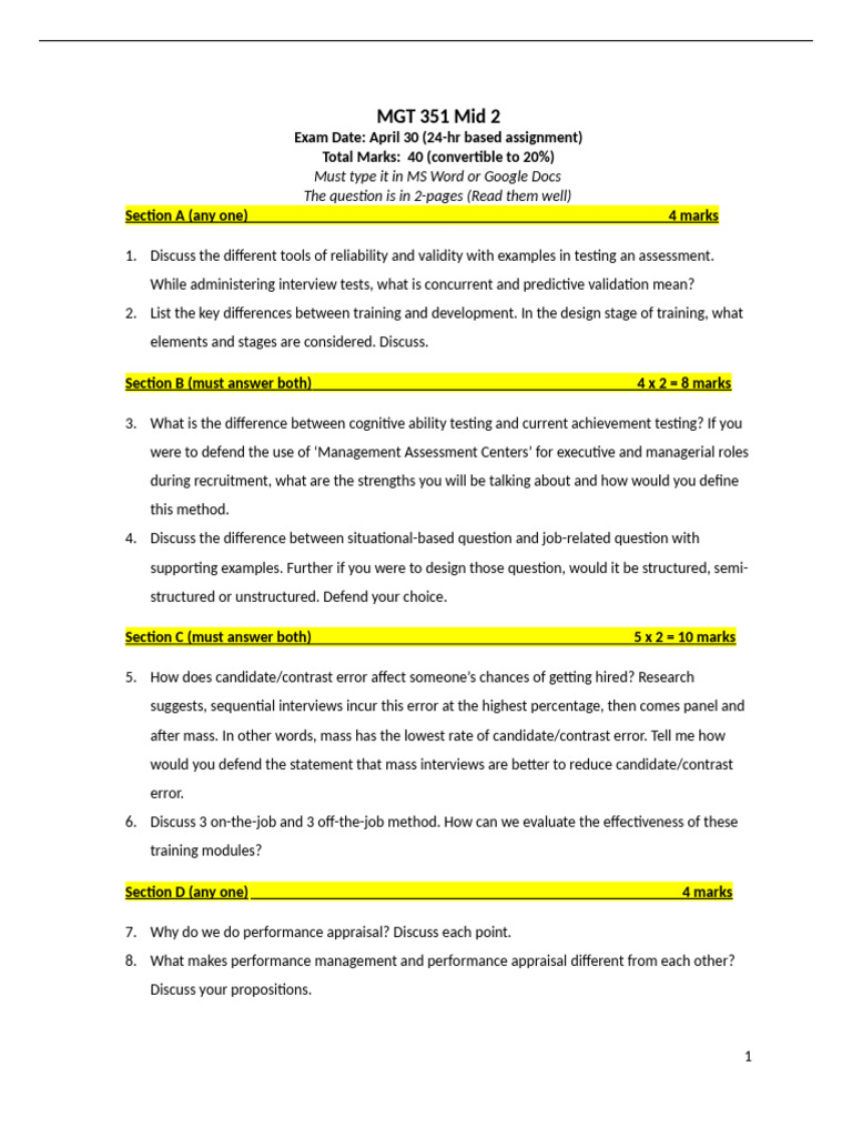 Spring 2021 MGT 351 Mid 2 1 | PDF | Performance Appraisal | Behavioural ...