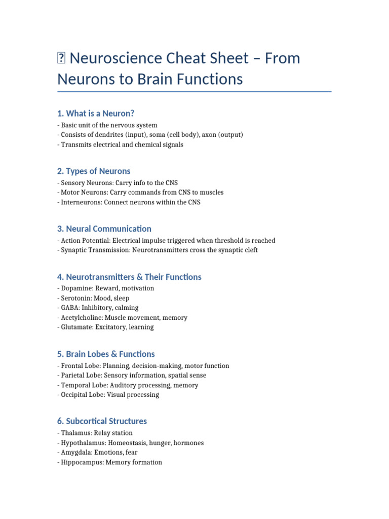 Neuroscience Cheat Sheet Overview | PDF