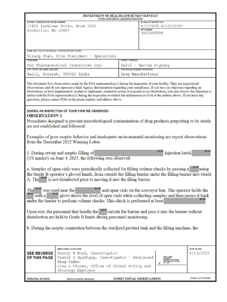 Sun ? Pharma 483 Observation Halol Plat | PDF | Food And Drug ...