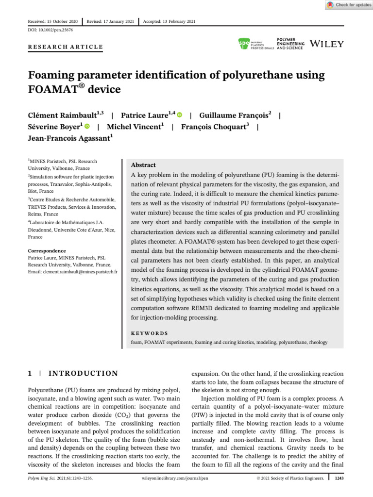 Polymer Engineering Sci - 2021 - Raimbault - Foaming Parameter Identification of Polyurethane ...