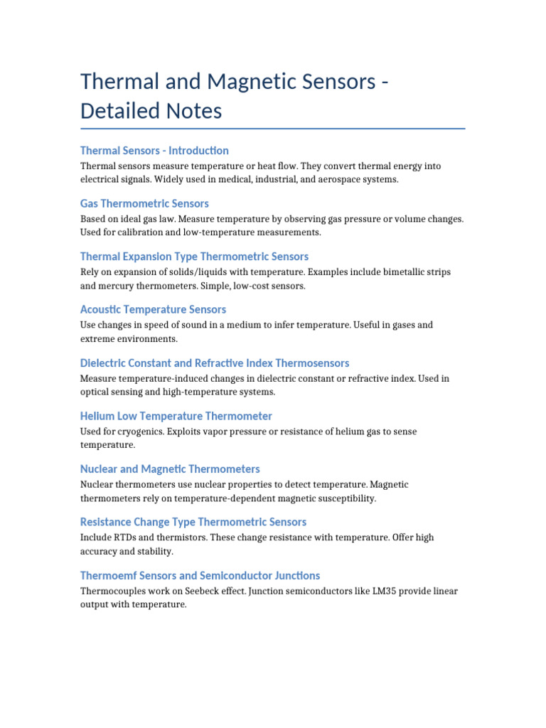 Thermal and Magnetic Sensors Notes | PDF | Sensor | Thermometer
