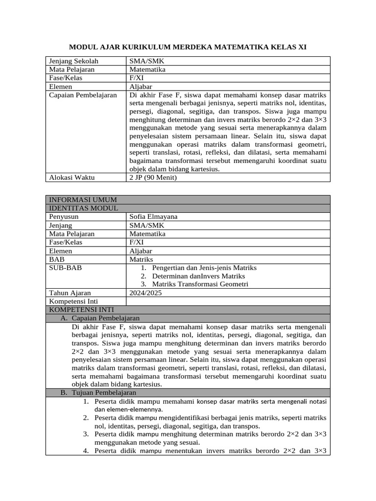Modul Ajar Matriks Kurikulum Merdeka Matematika Kelas Xi | PDF