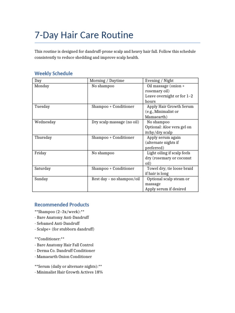 Hair Care Schedule Dandruff HairFall | PDF