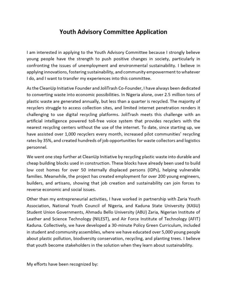 Youth Advisory Committee Application | PDF | Sustainability | Recycling
