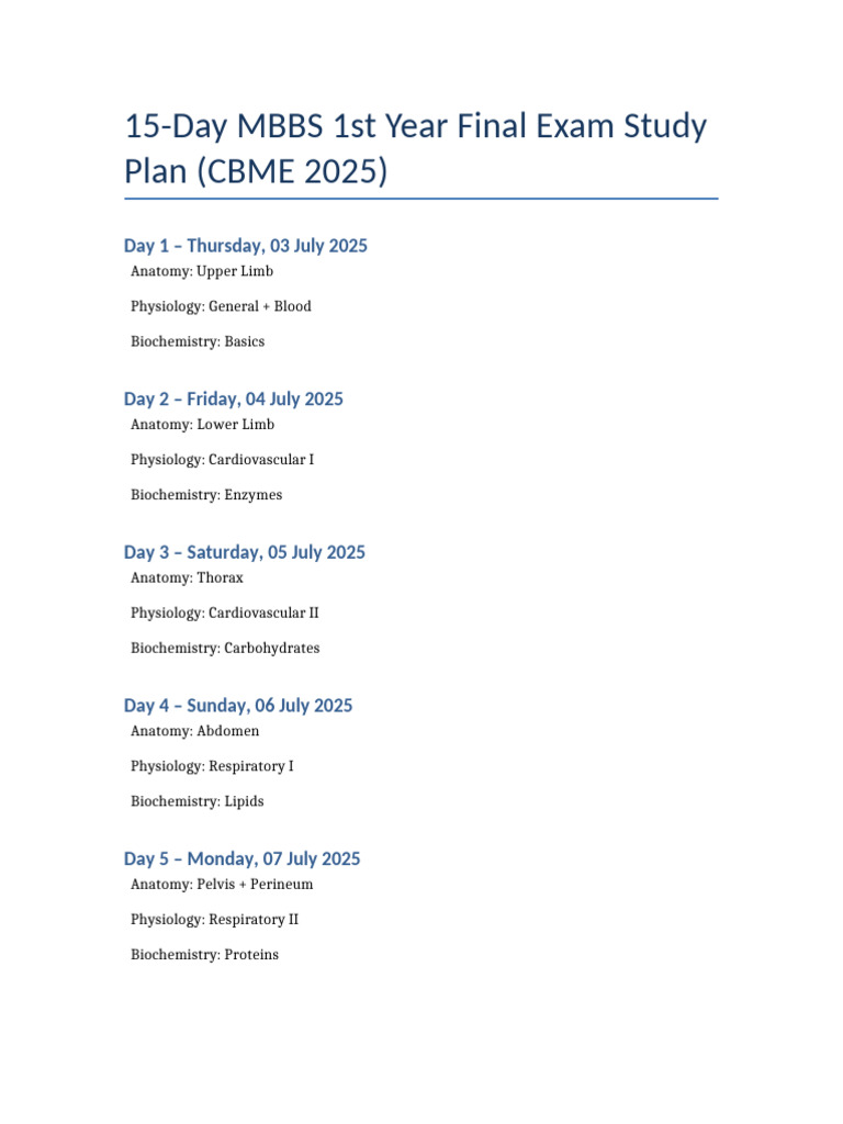 15-Day MBBS Final Study Plan CBME 2025 | PDF