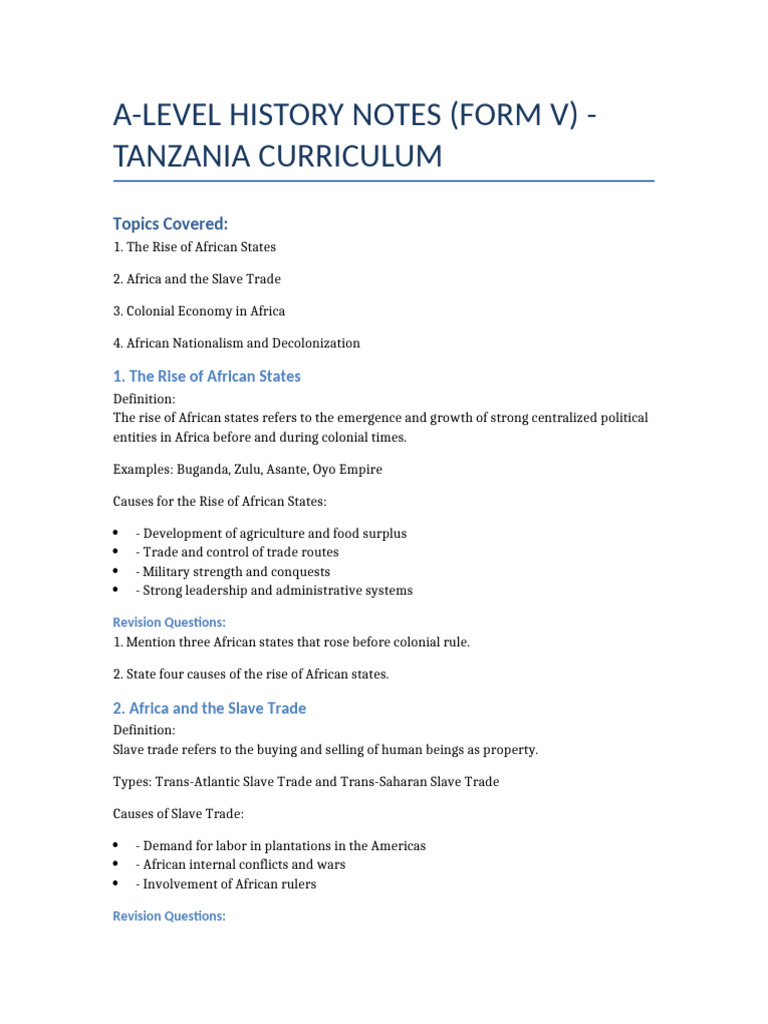 Form V African History Notes | PDF