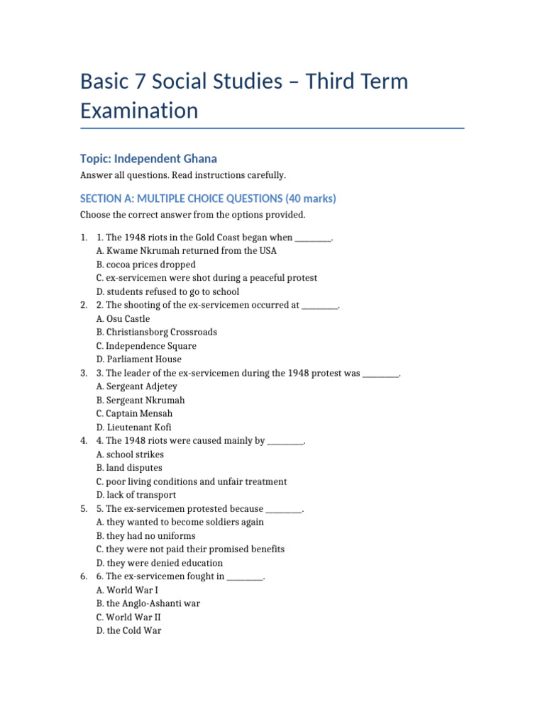 Basic7 SocialStudies IndependentGhana Exam | PDF | Ghana