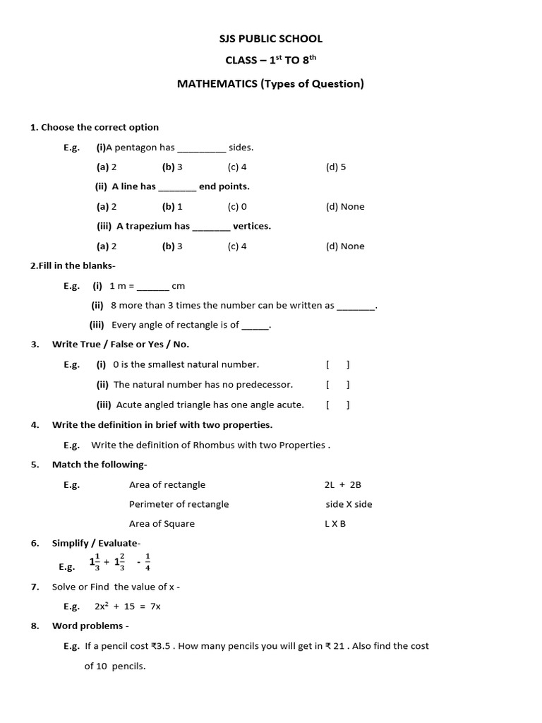 Class 1-8 Math Question Types | PDF | Circle | Area