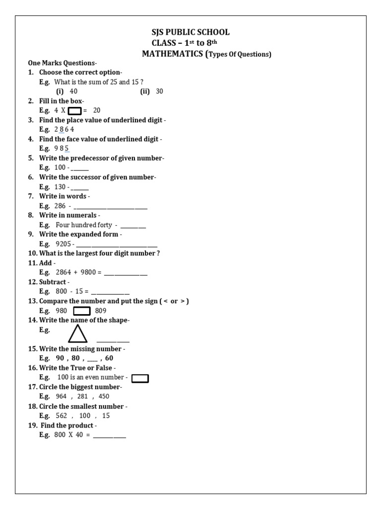 One Marks Question - Maths | PDF