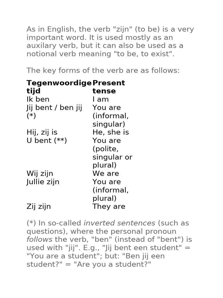 Conjugation of the Dutch Verb "Zijn" | PDF