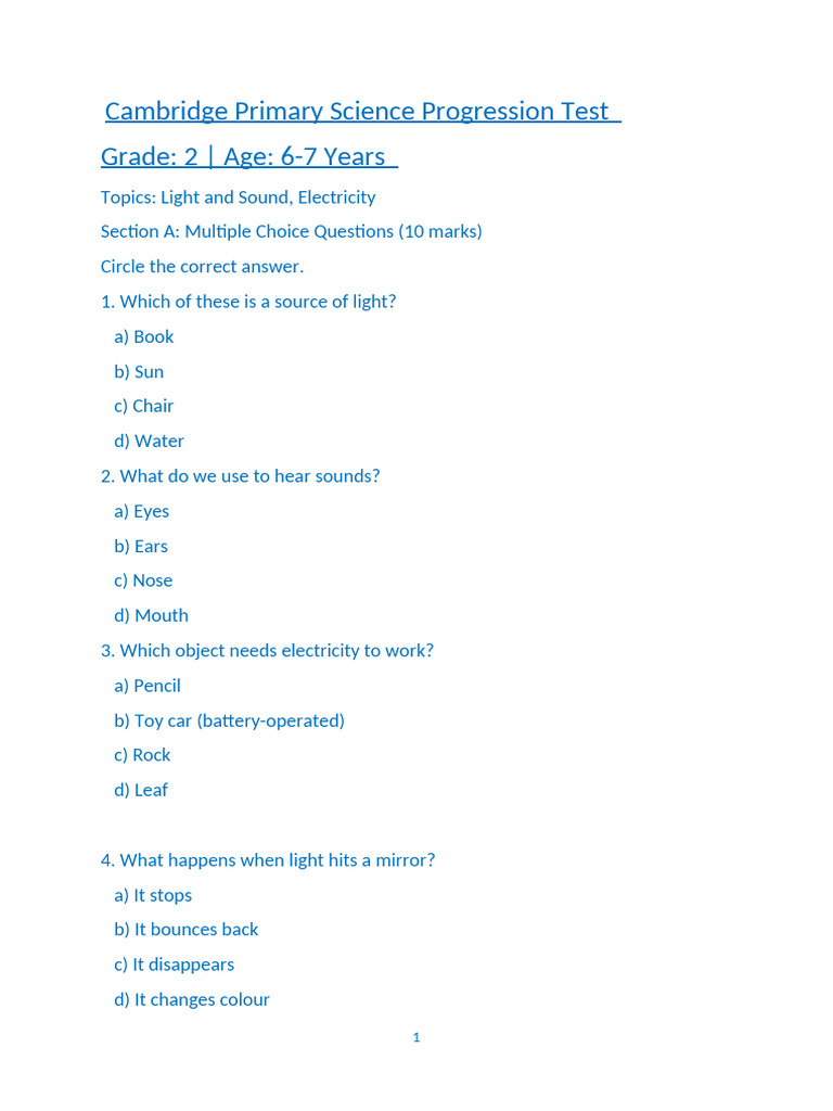 Cambridge Primary Science Test Grade 2 | PDF | Light