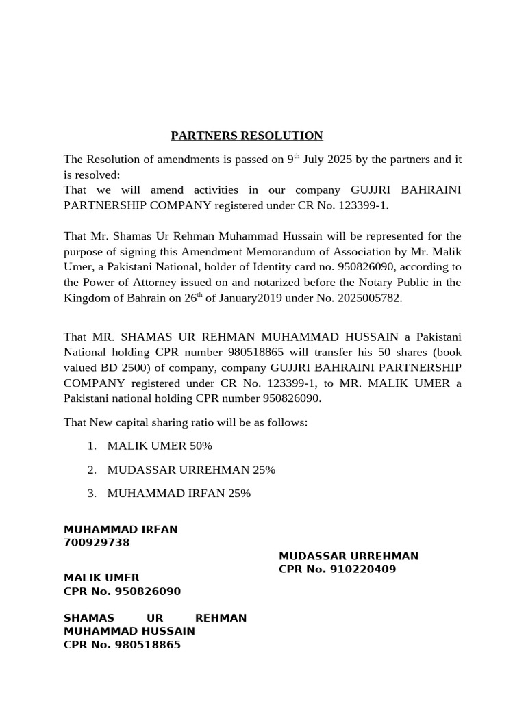 Resolution For Changing Partner With POA | PDF
