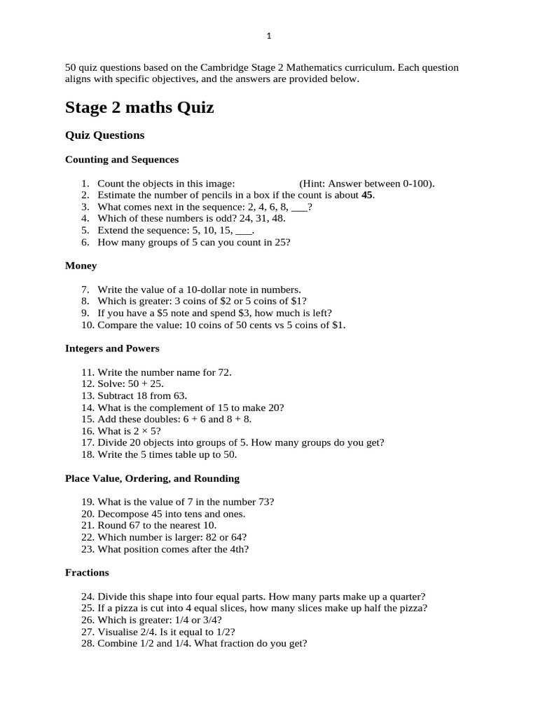 50 Quiz Questions Based On The Cambridge Stage 2 Mathematics Curriculum | PDF | Shape | Odds