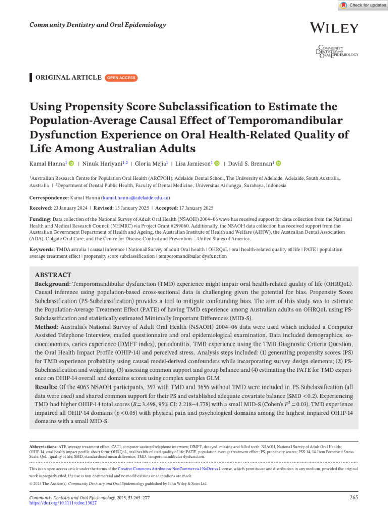 Comm Dent Oral Epid - 2025 - Hanna - Using Propensity Score Subclassification To Estimate The ...