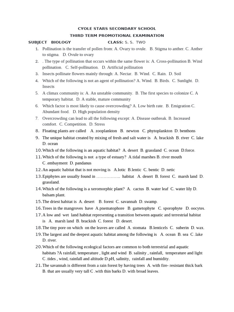 Biology Ss2 Third Term Exam | PDF | Pollination | Habitat