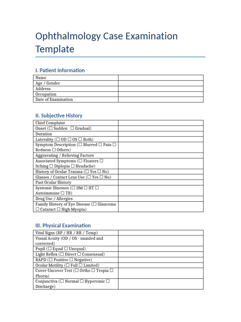 Ophthalmology Examination Template | PDF
