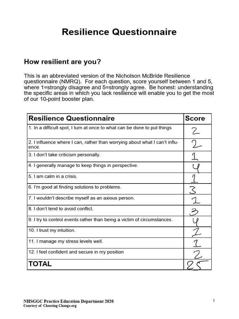 Resilience Questionnaire Fillable | PDF