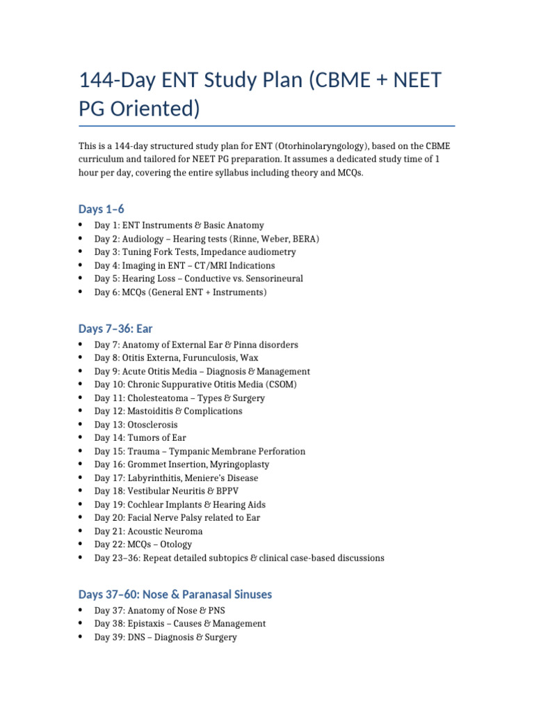 144-Day NEET PG ENT Study Plan | PDF | Ear | Otorhinolaryngology