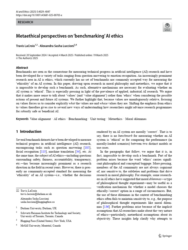 Metaethical Perspectives On Benchmarking' Ai Ethics: Travis Lacroix ...
