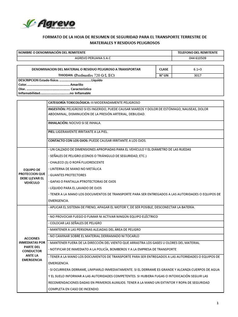 Thiodan - Hoja de Resumen de Transporte | PDF | Agua | Contaminación