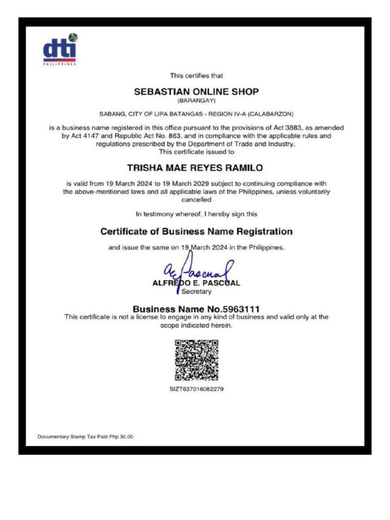 Dti Certificate Sebastian Online Shop | PDF