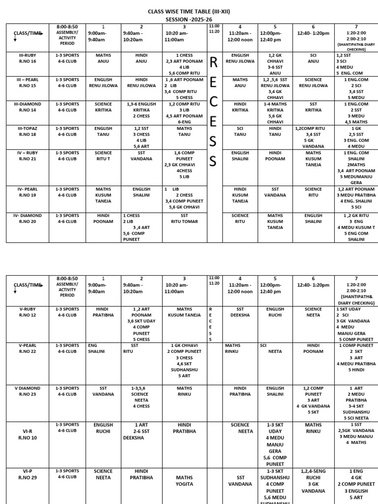 Class Wise Time Table III-xii July 2025-26. | PDF