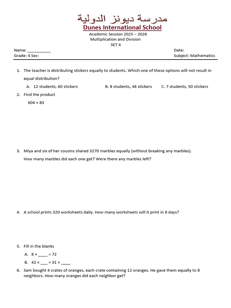 Grade 4 Math: Multiplication & Division Set 4 | PDF