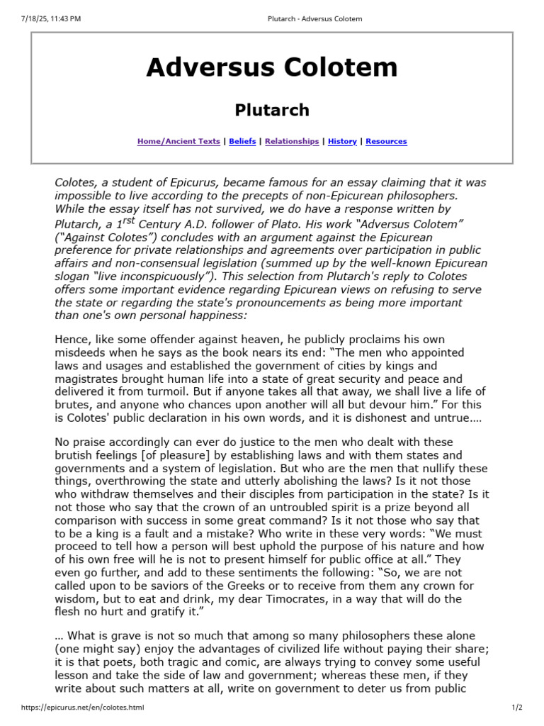 Plutarch's Critique of Colotes' Views | PDF