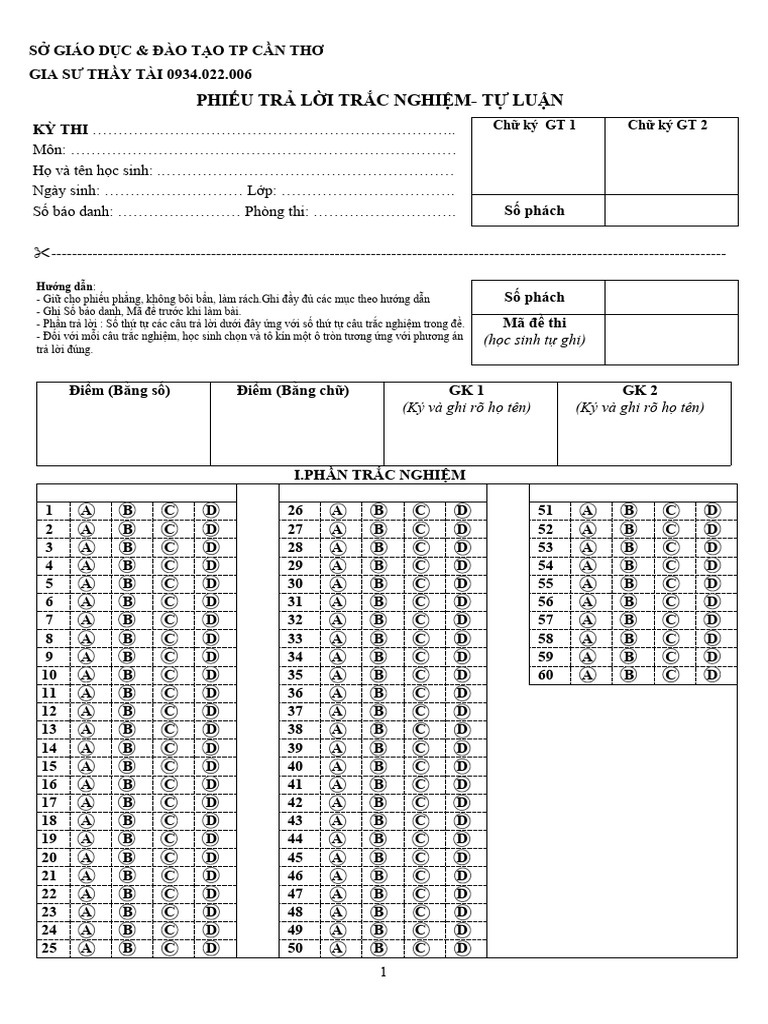 Mau Phieu Tra Loi (Trac Nghiem-tự Luận) | PDF