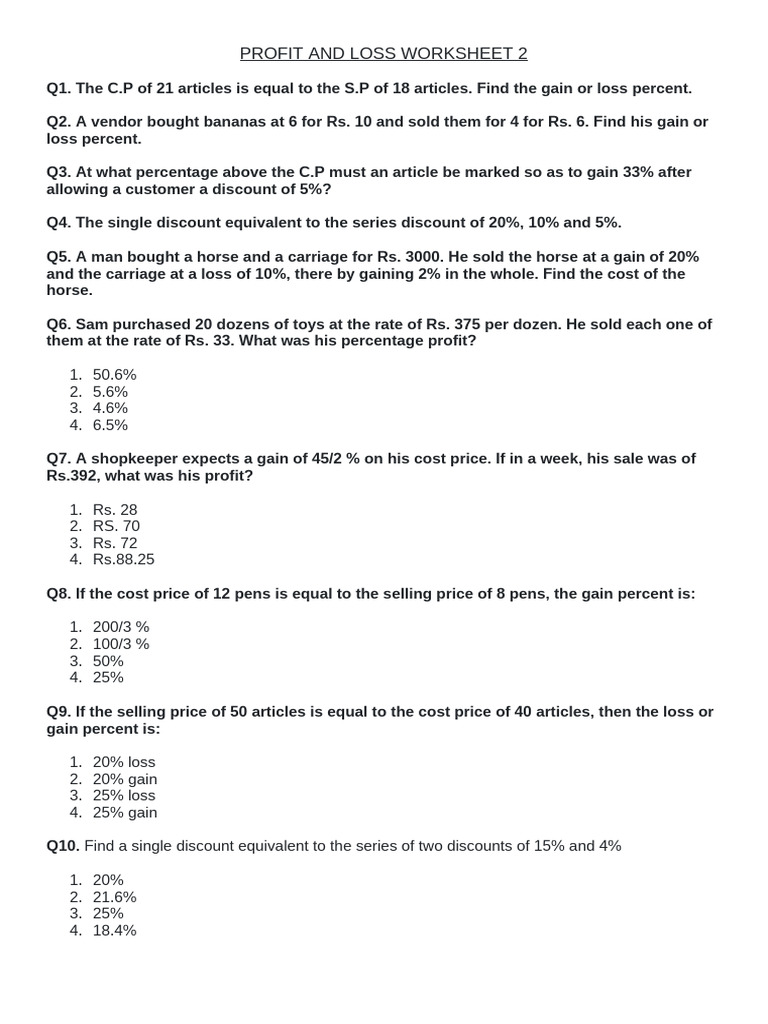 Profit and Loss Worksheet 2 | PDF | Market (Economics) | Marketing