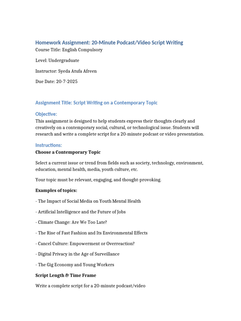 20_Minute_Podcast_Video_Script_Assignment | PDF | Human Communication | Communication