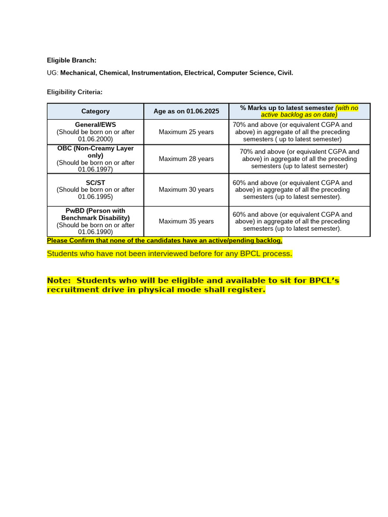 BPCL - Eligibility Criteria | PDF