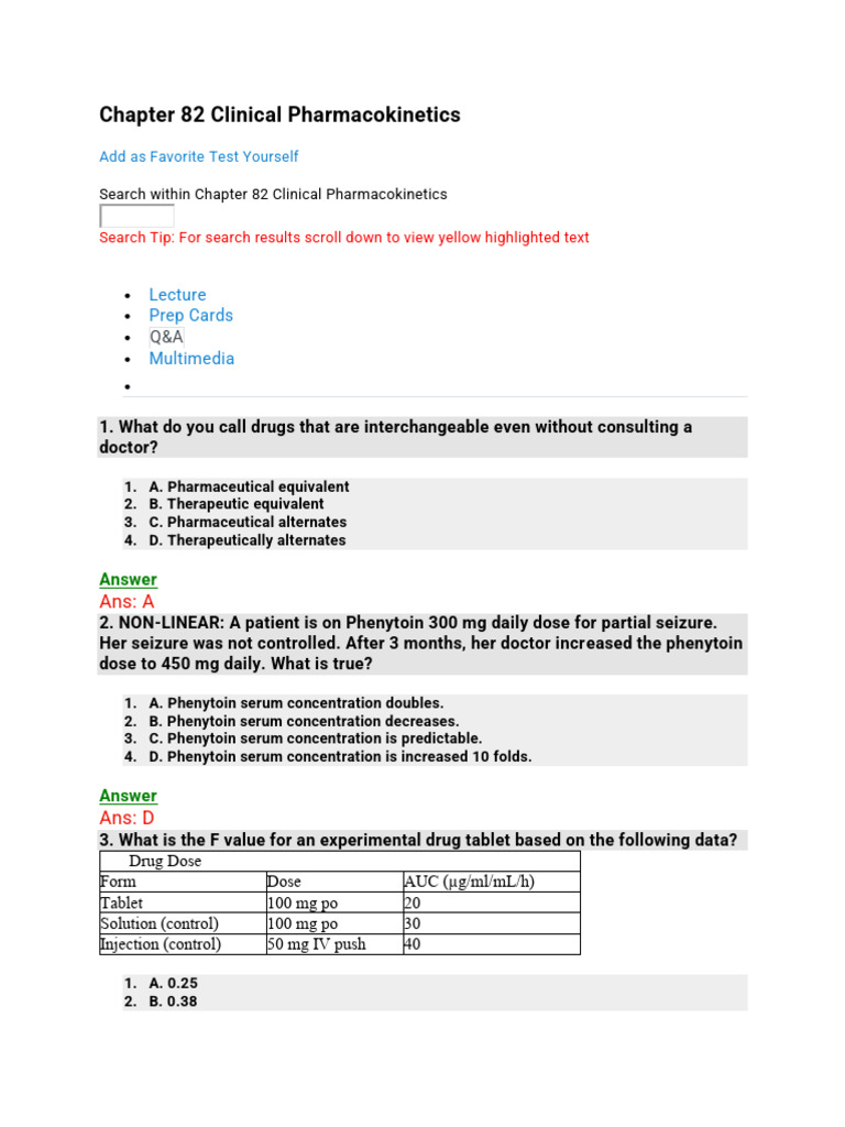 Chapter 82 Clinical Pharmacokinetics | PDF | Bioavailability ...