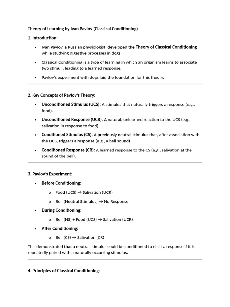 Theory of Learning by Ivan Pavlov | PDF | Classical Conditioning | Psychological Concepts