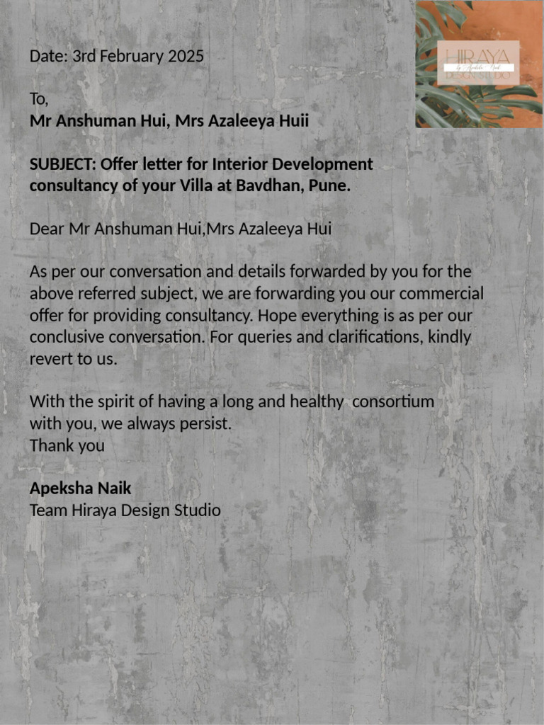 Hiraya Offer Letter (Anshuman) | PDF | Interior Design