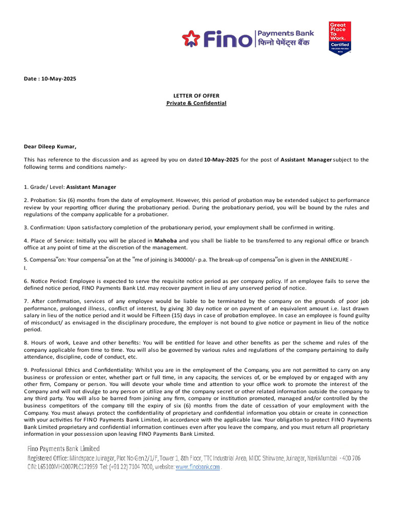 Offer Letter FPB23608 | PDF | Arbitration | Justice