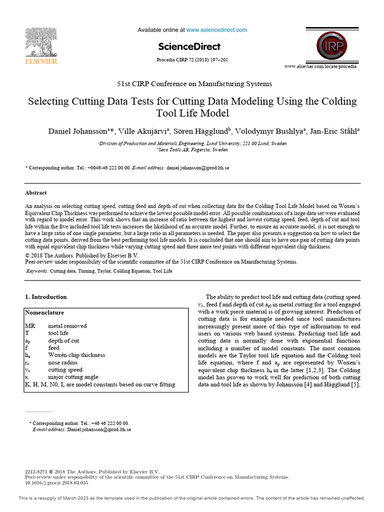 Selecting Cutting Data Tests For Cutting Data Modeling Using The ...