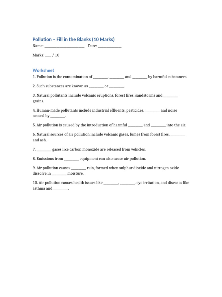 Air Pollution Worksheet | PDF