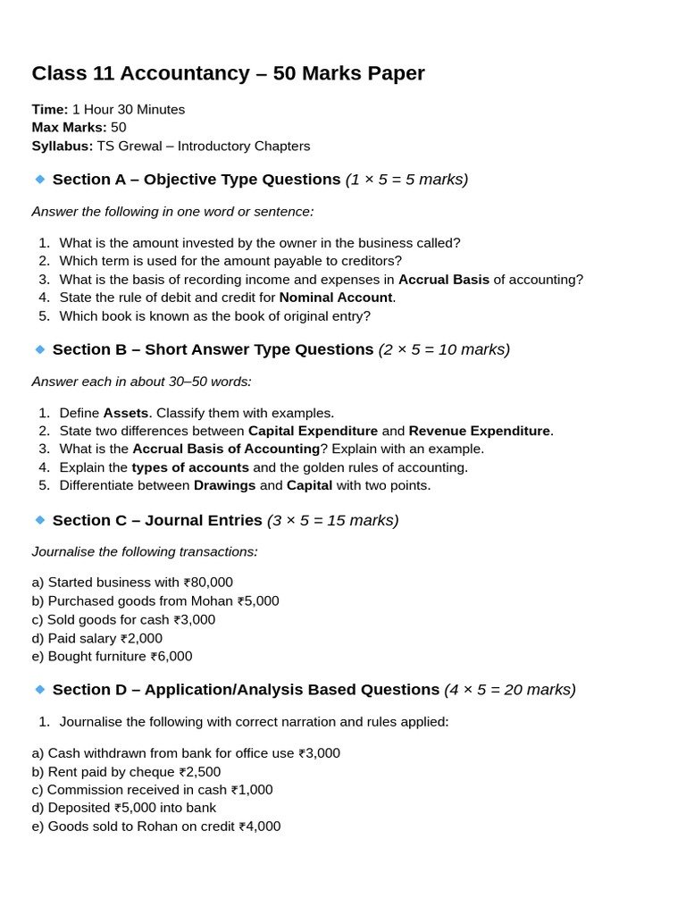 Class 11 Accountancy 50 Marks Paper | PDF