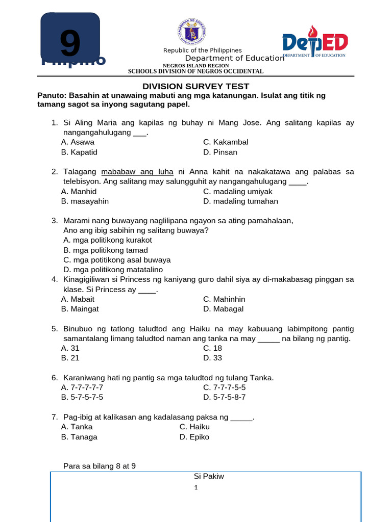 Survey Test Filipino 9 | PDF