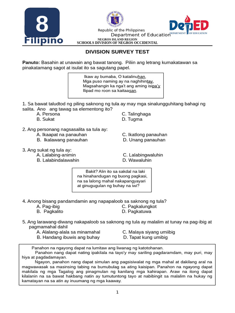 Survey Test Filipino 8 | PDF
