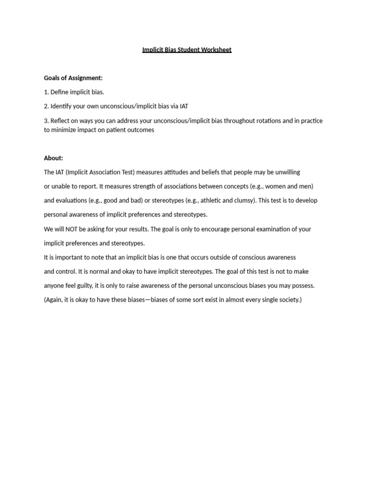 Implicit Bias Awareness Worksheet | PDF | Bias | Psychological Concepts