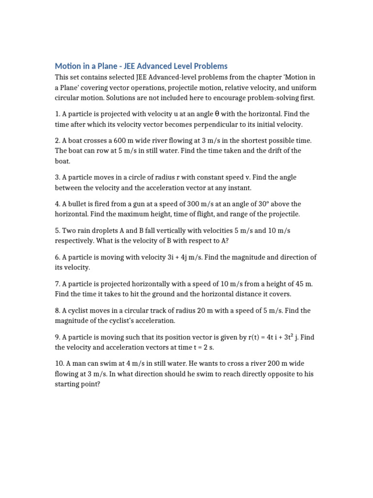 JEE Advanced Problems: Motion in a Plane | PDF