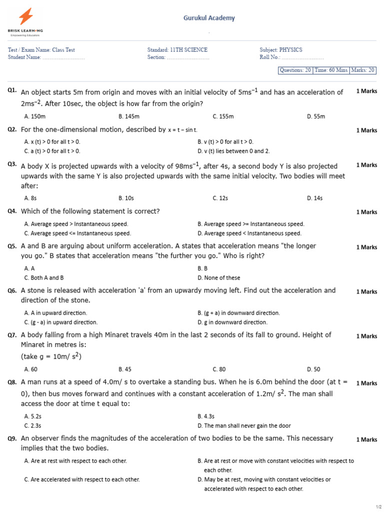 Class Test-11TH SCIENCE-PHYSICS | PDF | Speed | Velocity