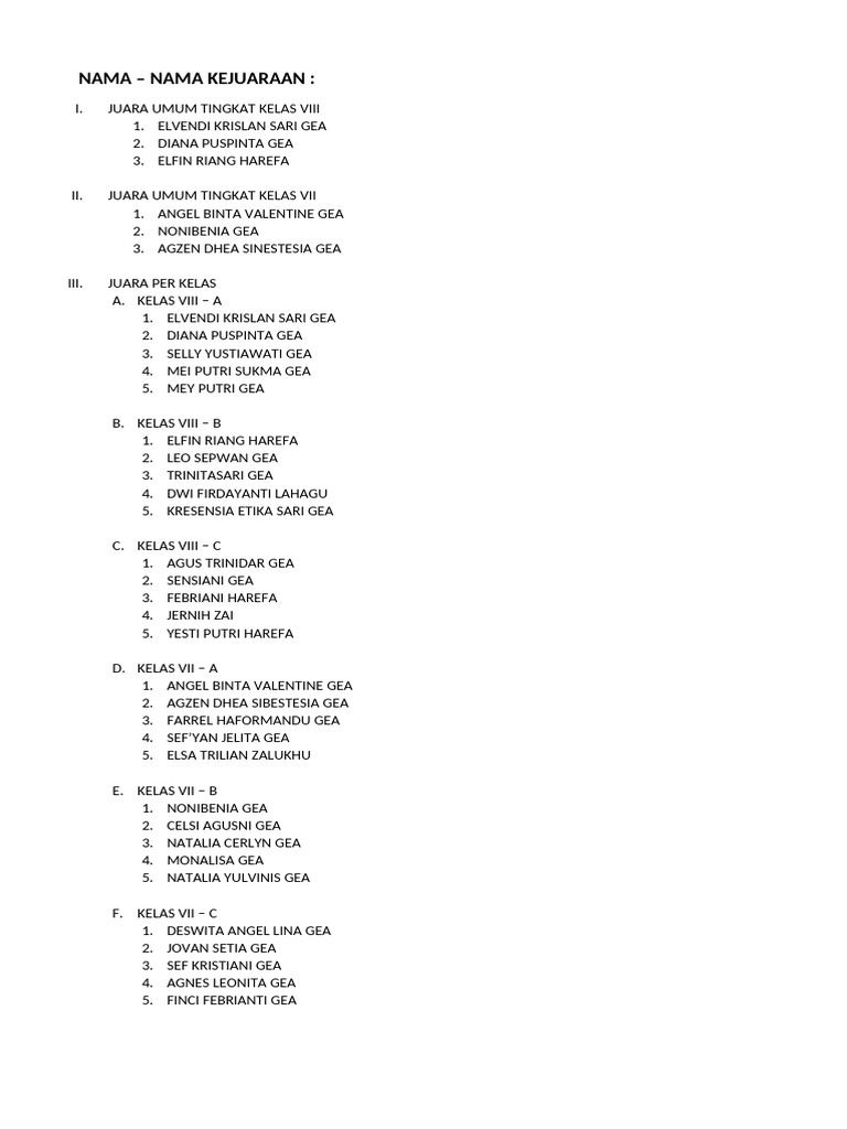 Daftar Juara Kejuaraan Kelas VII-VIII | PDF
