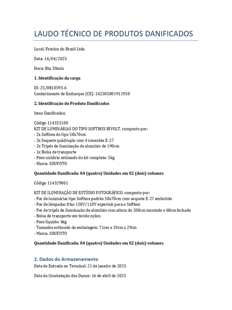 Laudo Tecnico Produtos Danificados | PDF | Impostos