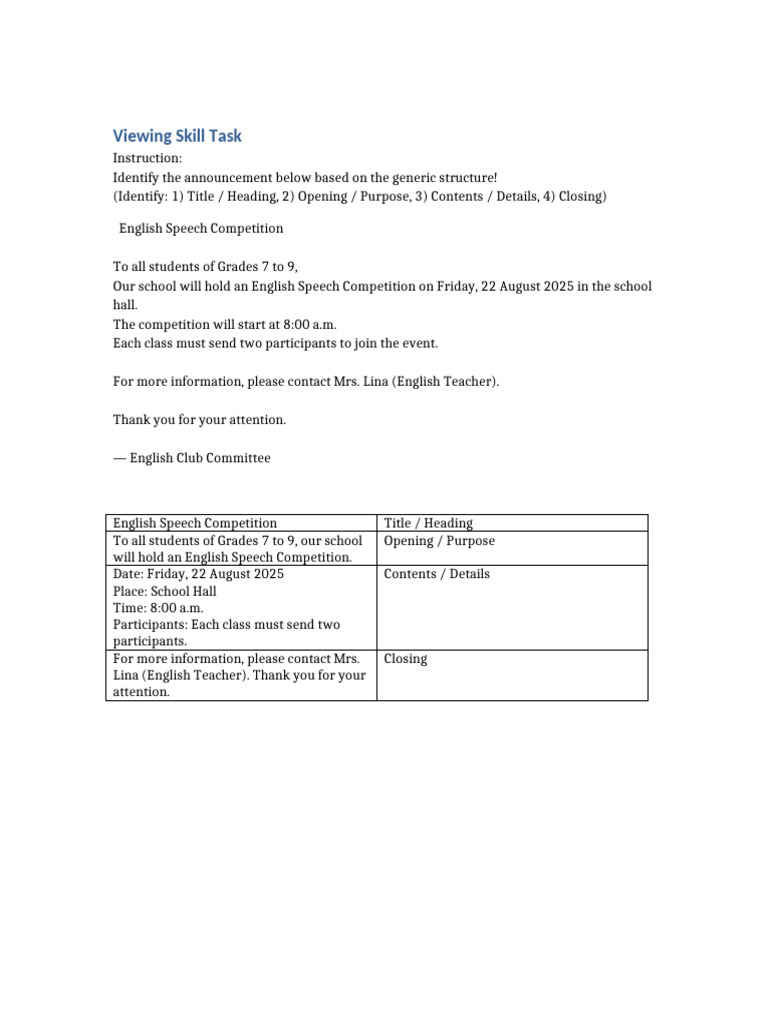 Viewing Skill Announcement Task Format | PDF